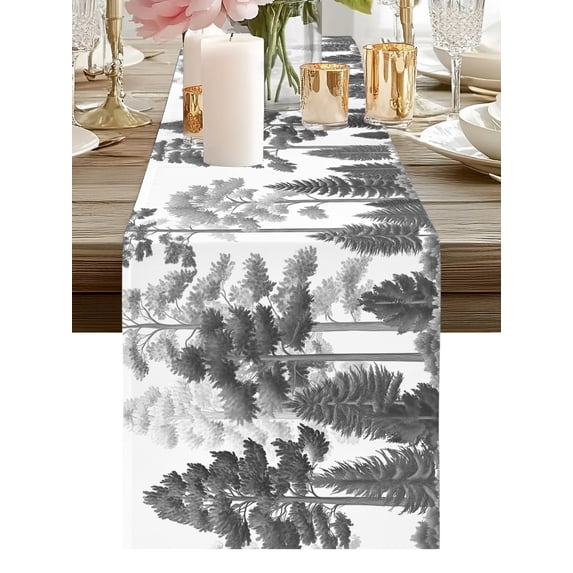 Burlap Table Runner 90 Inches Long, Black Gray Pine Tree Forest Maple ...