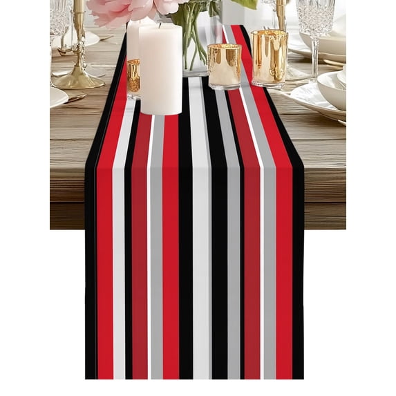Burlap Table Runner 90 Inches Long, Black Red Grey Vertical Stripes Non ...
