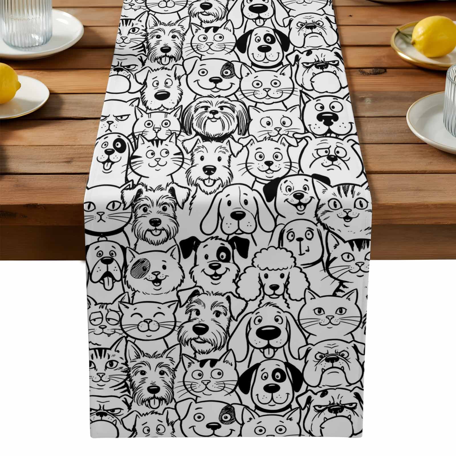 Burlap Table Runner 90 Inches Long,Black White Cat Dog Puppy Non-Slip ...