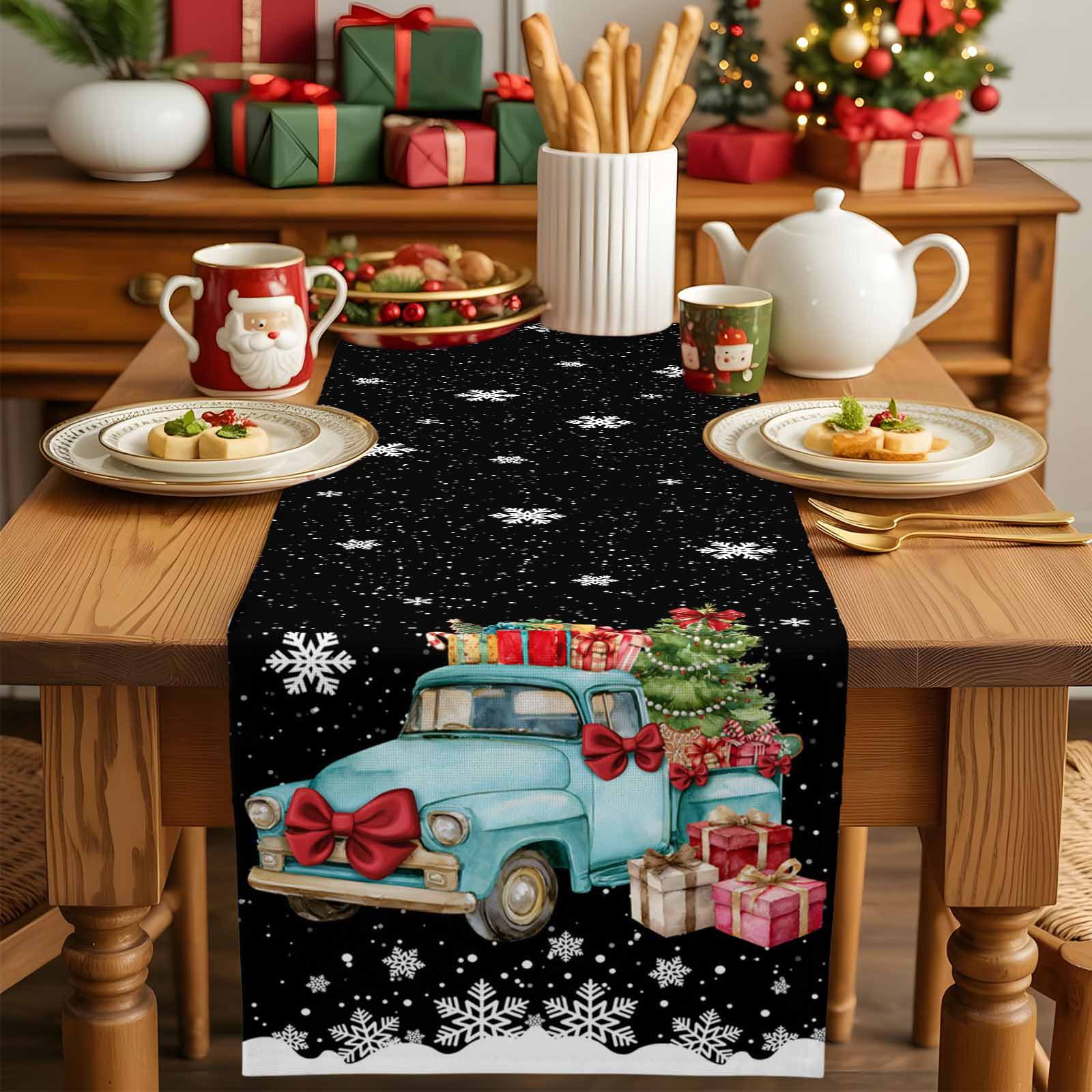 Burlap Table Runner 90 Inches Long,Blue Bow Truck Non-Slip Kitchen ...