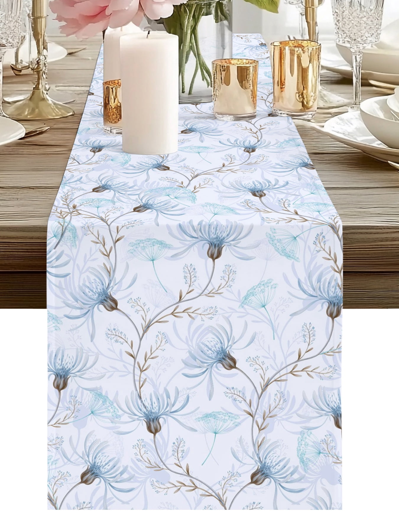 Burlap Table Runner 90 Inches Long, Blue Flower Abstract Leaves Non ...