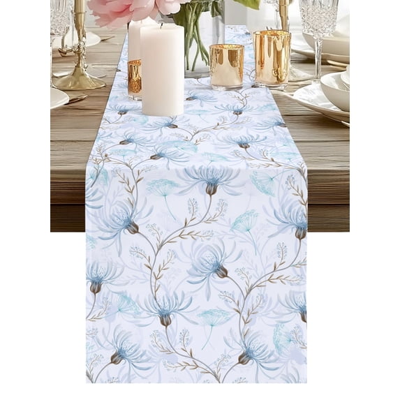 Burlap Table Runner 90 Inches Long, Blue Flower Abstract Leaves Non ...