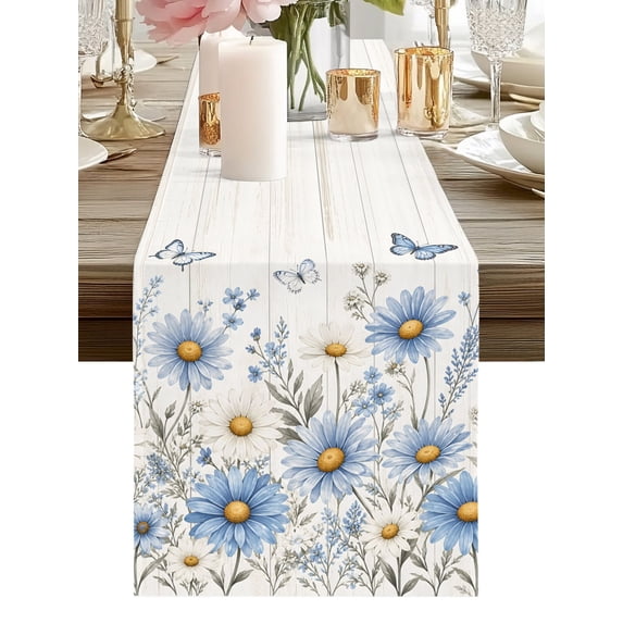 Burlap Table Runner 90 Inches Long, Blue Flower Butterfly Country Plant ...