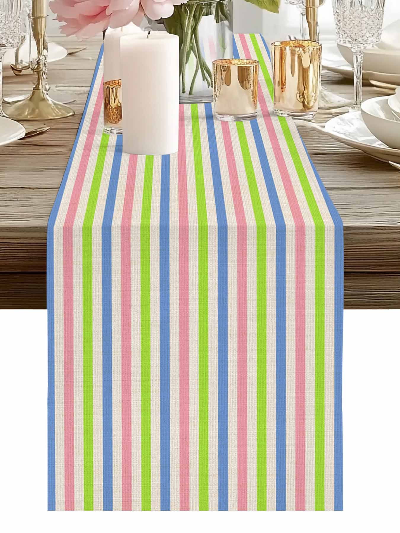 Burlap Table Runner 90 Inches Long, Blue Green Pink Stripes on Linen ...