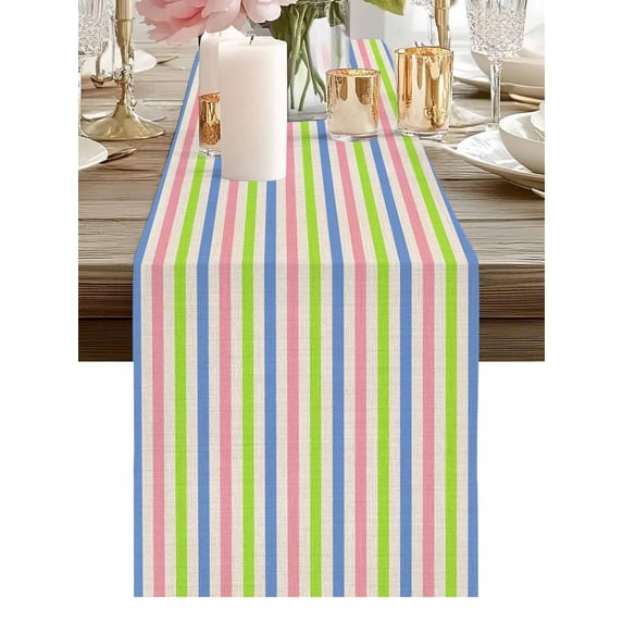 Burlap Table Runner 90 Inches Long, Blue Green Pink Stripes on Linen ...