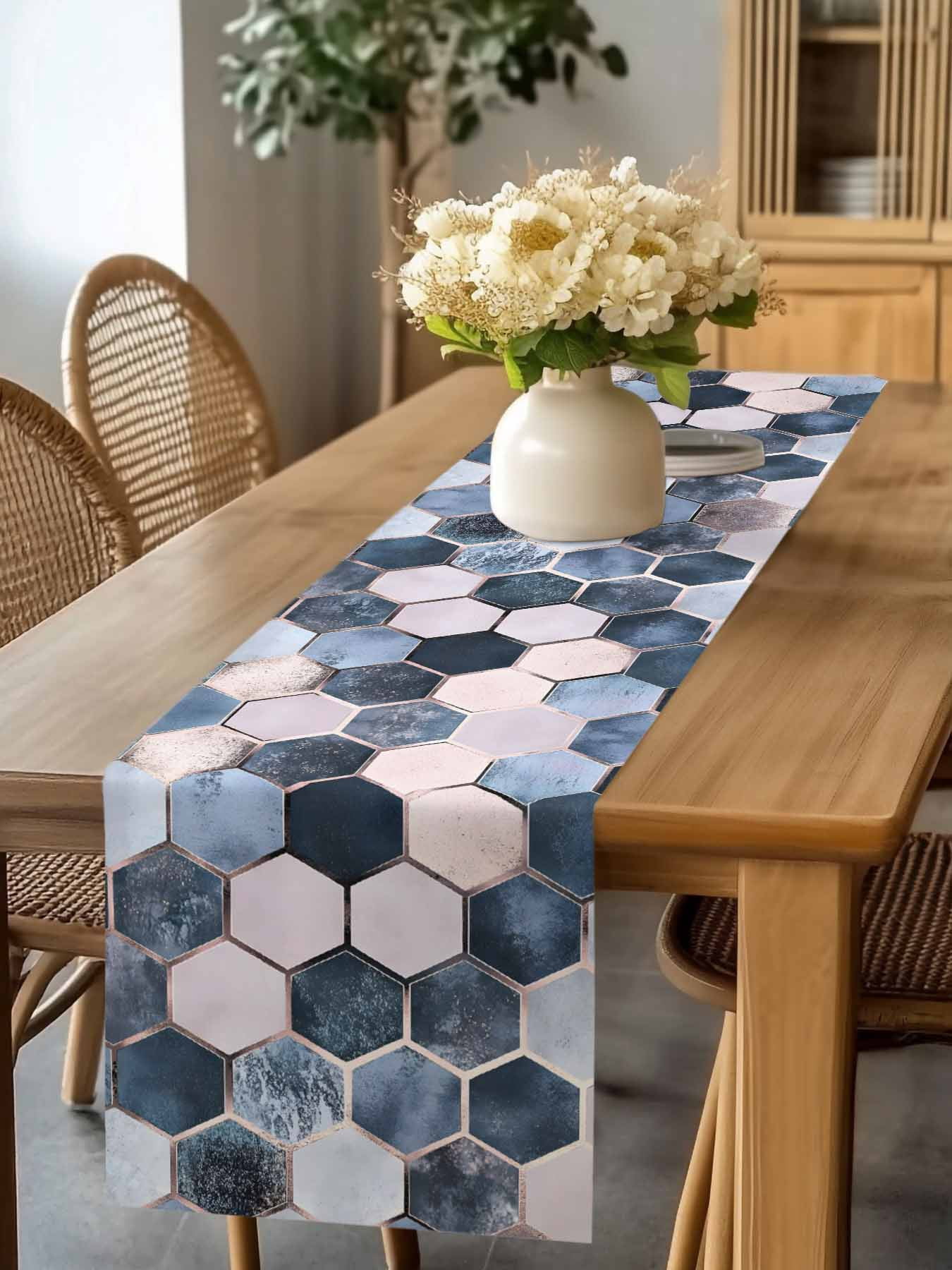 Burlap Table Runner 90 Inches Long, Blue Lattice Hexagon Color Block ...