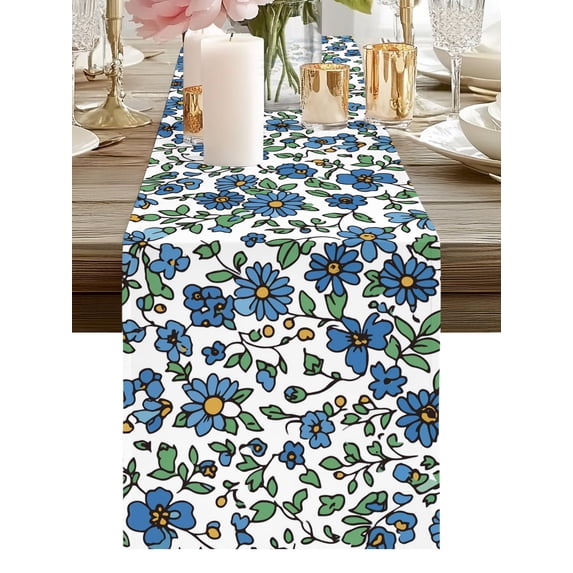 Burlap Table Runner 90 Inches Long, Blue Tiny Flowers Green Leaves Non ...