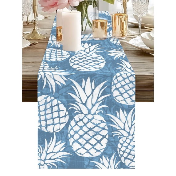 Burlap Table Runner 90 Inches Long, Blue White Pineapple Non-Slip ...
