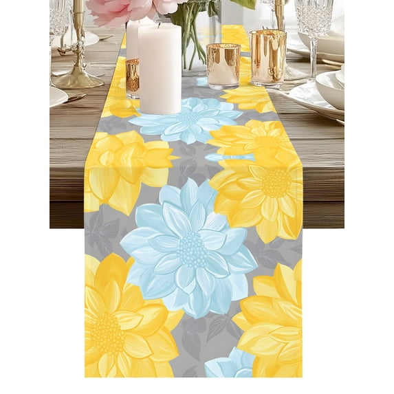 Burlap Table Runner 90 Inches Long, Blue Yellow Floral Abstract Style ...