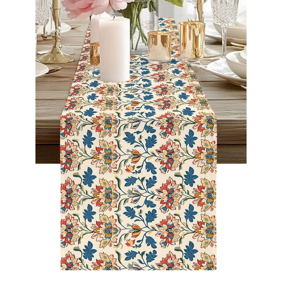 Burlap Table Runner 90 Inches Long, Bohemian Vintage Blossom Floral Non ...