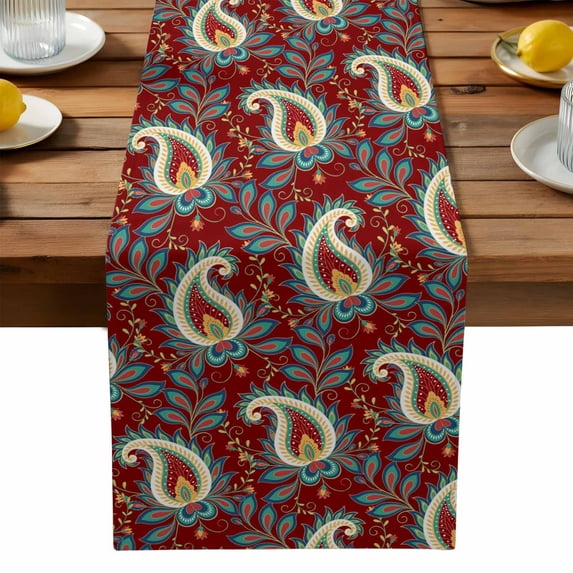 Burlap Table Runner 90 Inches Long,Boho Cashew Flower on Red Non-Slip ...