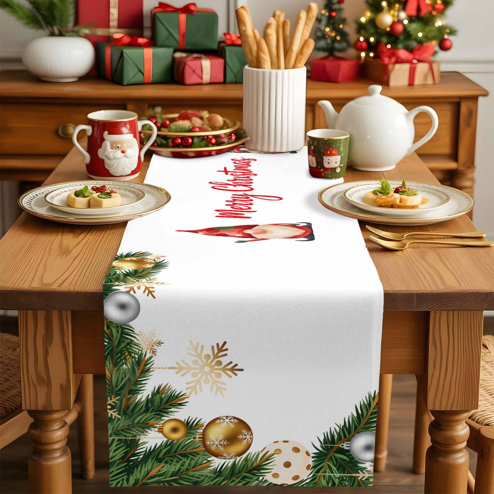 Burlap Table Runner 90 Inches Long,Cartoon Dwarf Christmas Snowflake ...