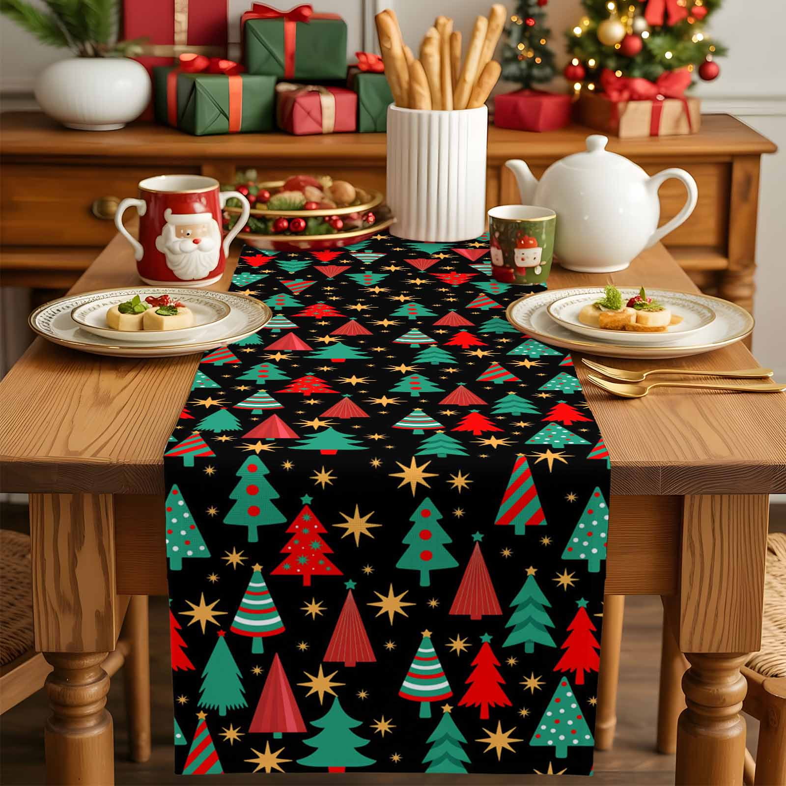 Burlap Table Runner 90 Inches Long,Cartoon Red Green Christmas Trees ...