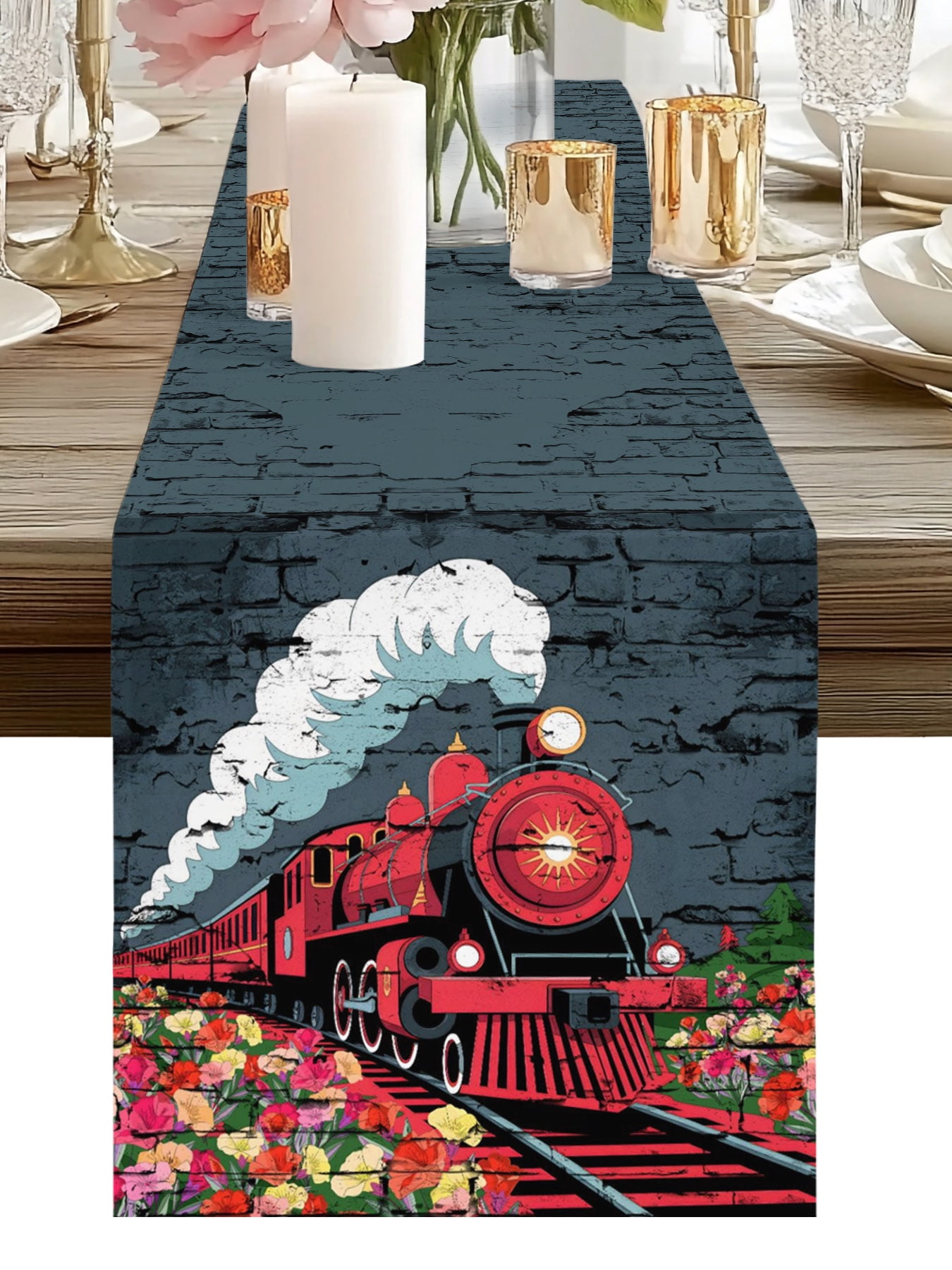 Burlap Table Runner 90 Inches Long, Cartoon Red Trains Watercolor ...