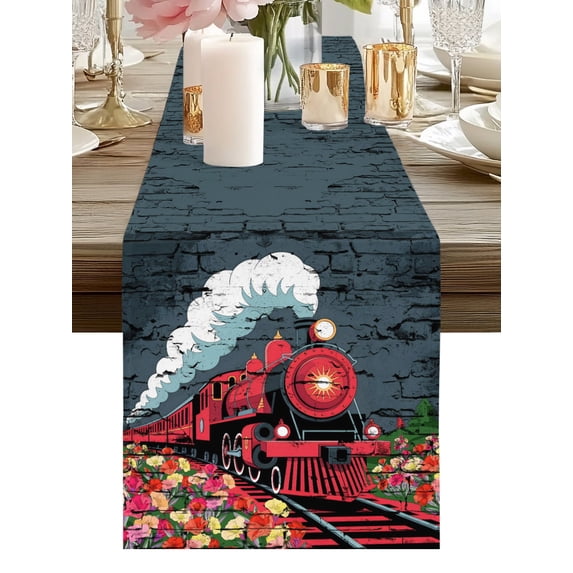 Burlap Table Runner 90 Inches Long, Cartoon Red Trains Watercolor ...