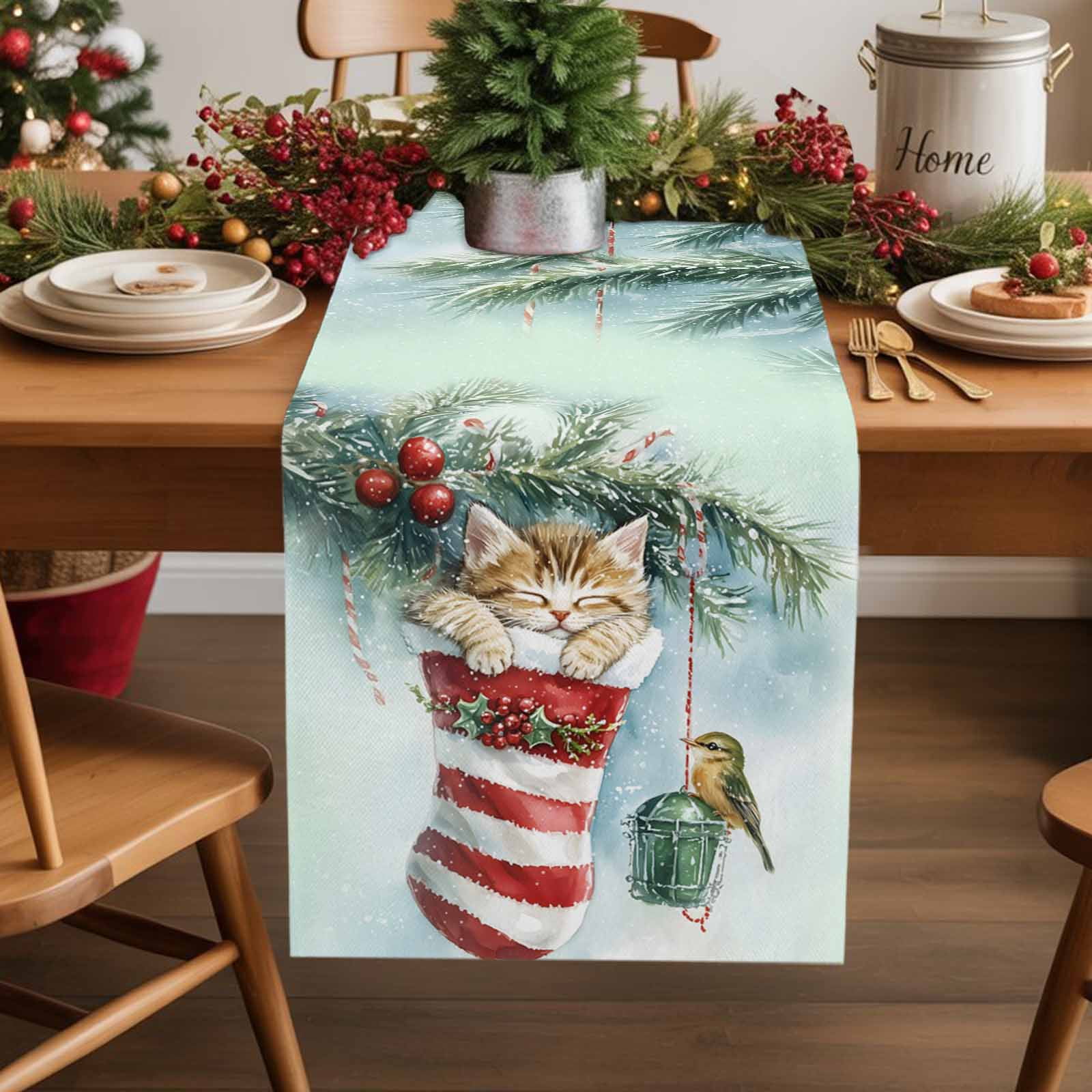 Burlap Table Runner 90 Inches Long,Cat Christmas Socks Watercolor ...