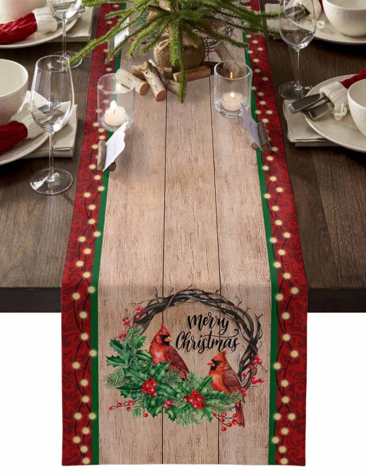 Burlap Table Runner 90 Inches Long,Christmas Bird Rustic Wood Grain Non ...