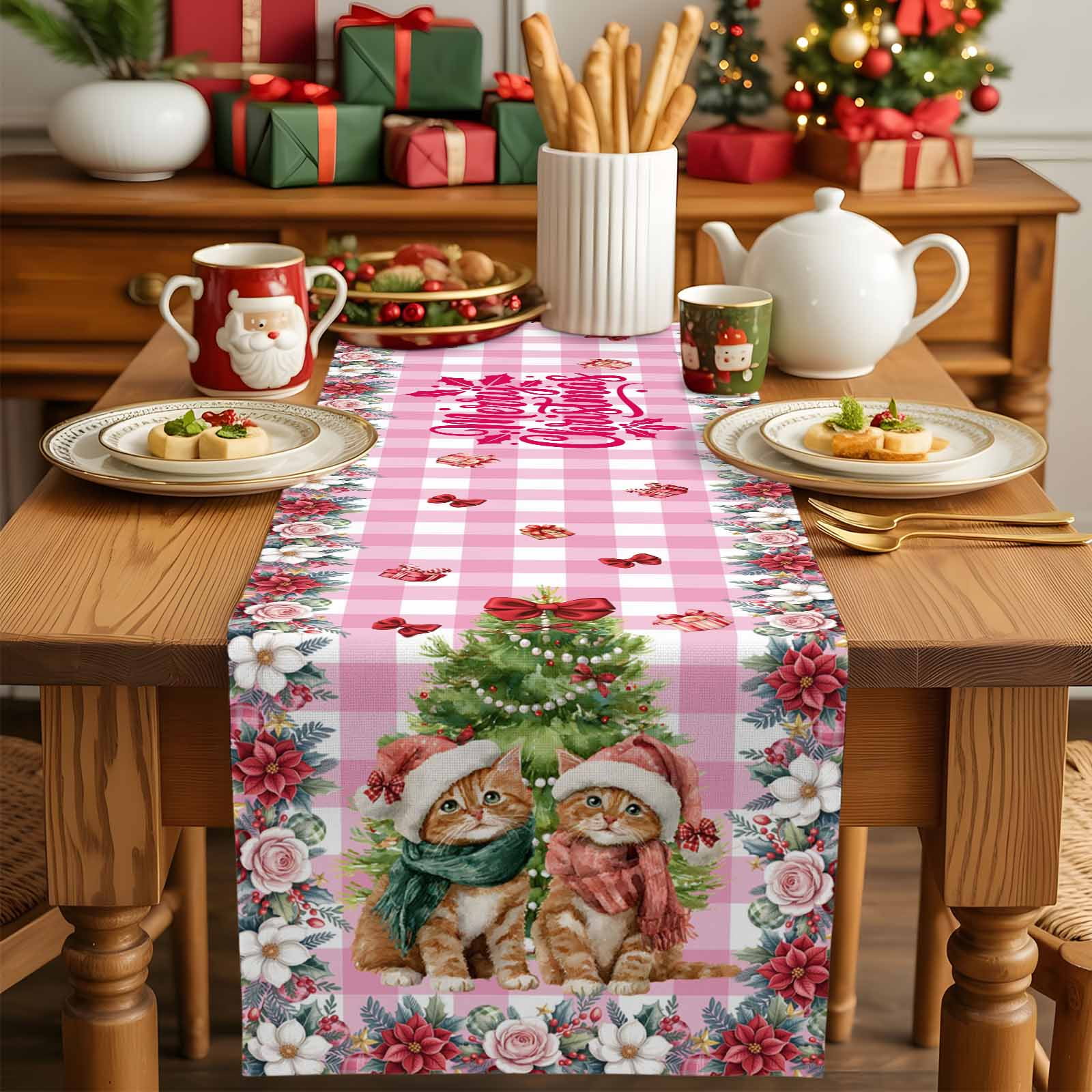 Burlap Table Runner 90 Inches Long,Christmas Bow Tree Non-Slip Kitchen ...