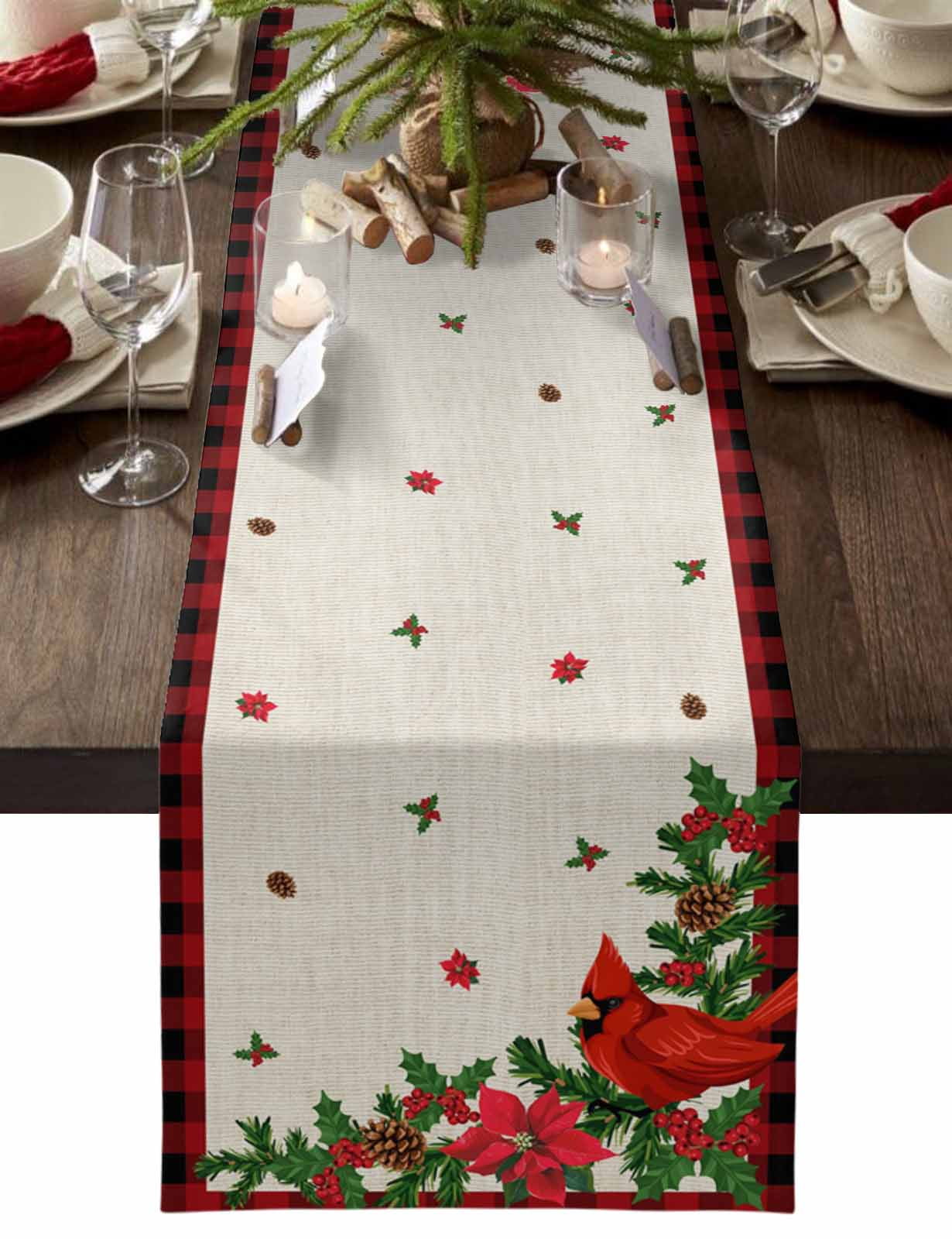 Burlap Table Runner 90 Inches Long,Christmas Cardinal Poinsettia Non ...