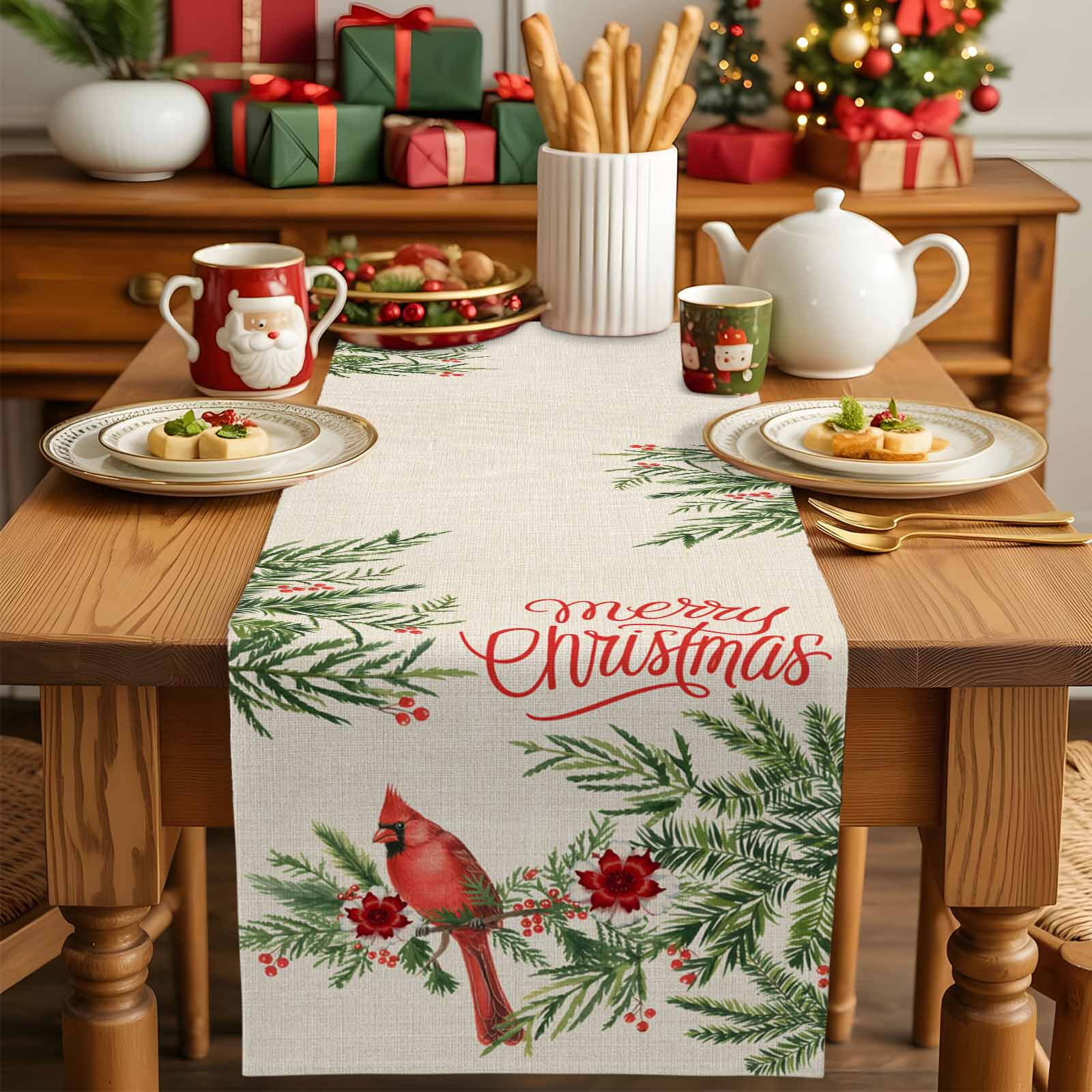 Burlap Table Runner 90 Inches Long,Christmas Cardinals Bird on Pine ...