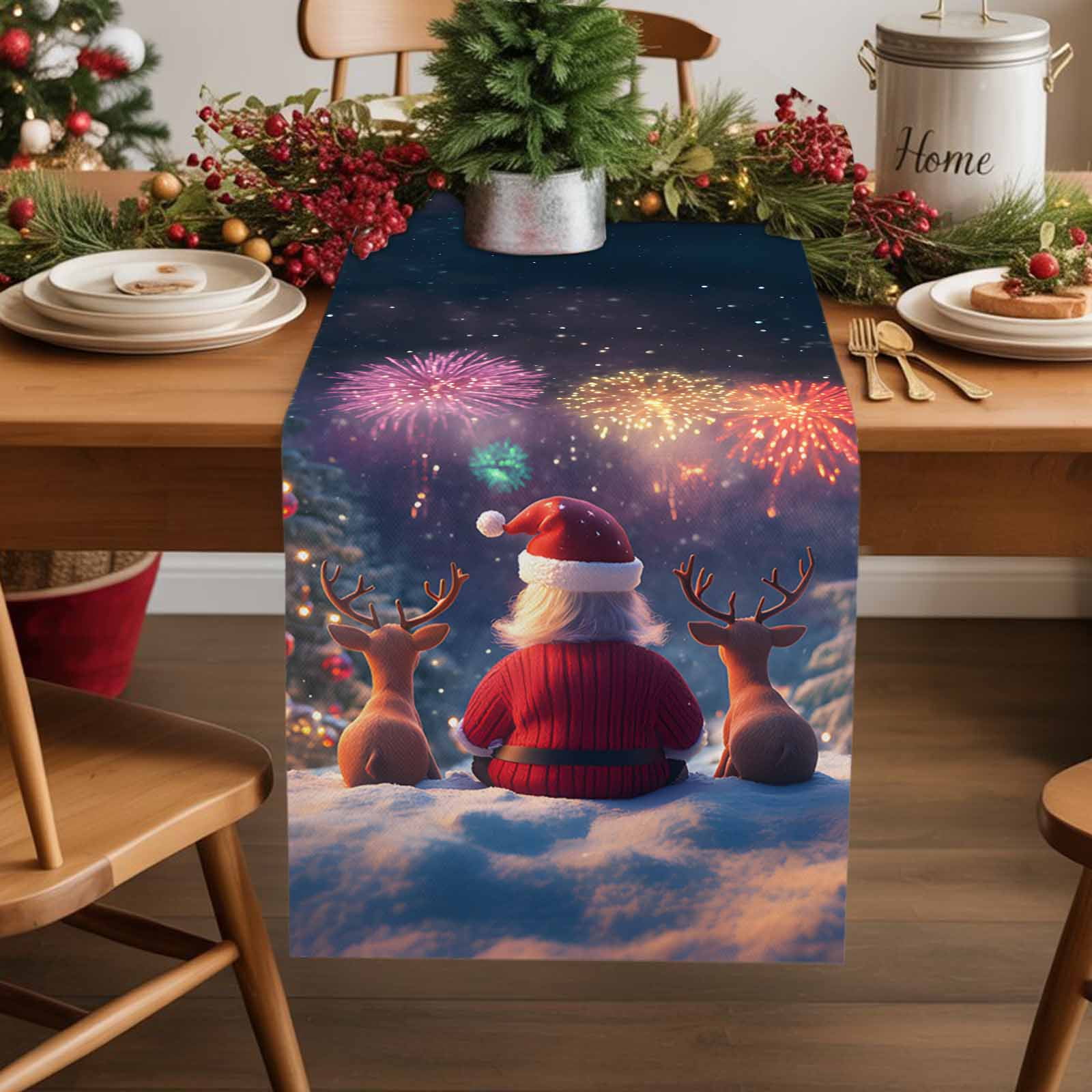 Burlap Table Runner 90 Inches Long,Christmas Firework Santa Claus Elk ...