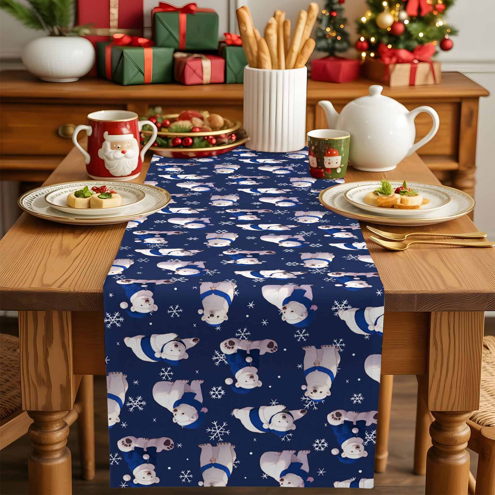 Burlap Table Runner 90 Inches Long,Christmas Polar Bear on Dark Blue ...