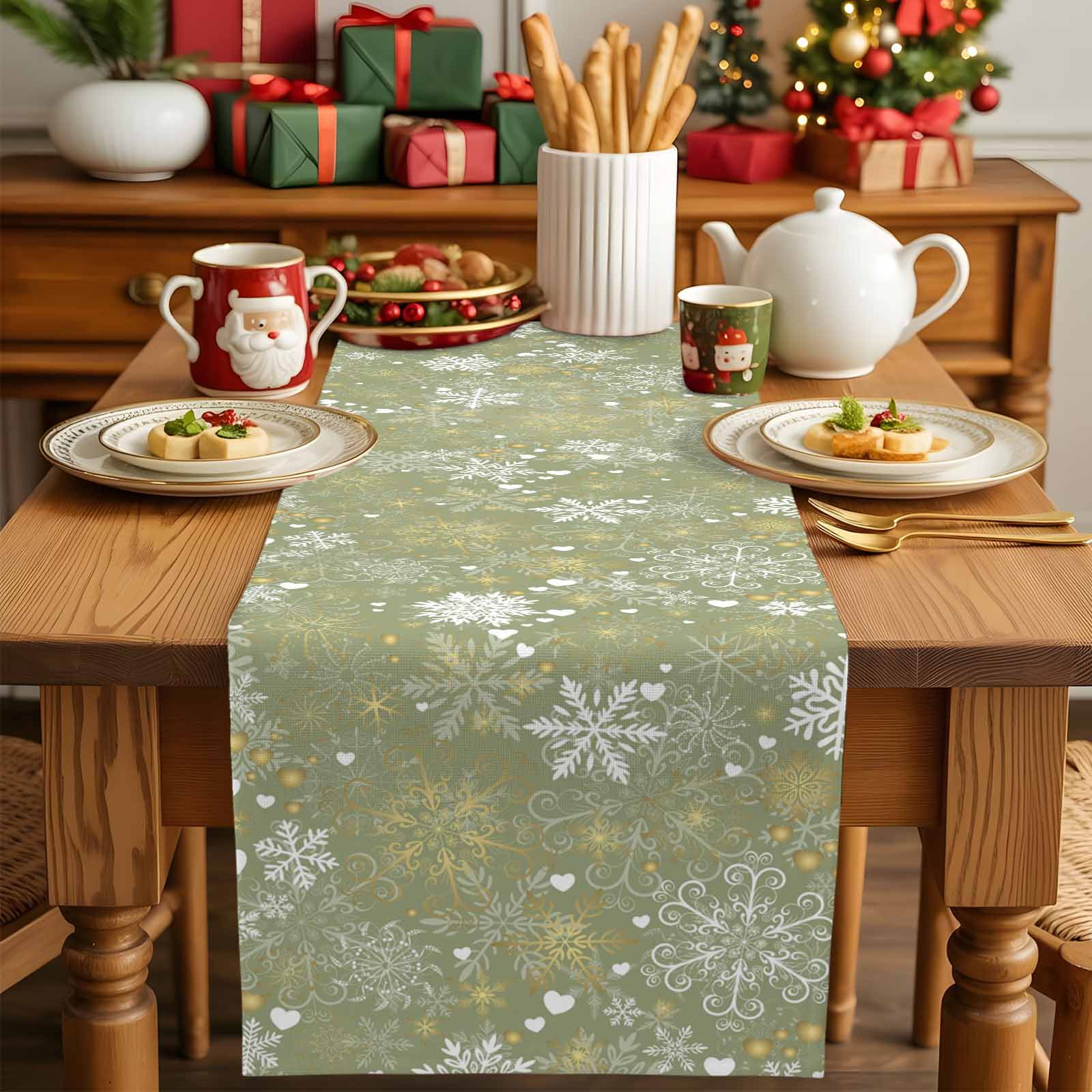 Burlap Table Runner 90 Inches Long,Christmas Snow Abstract Geometric ...