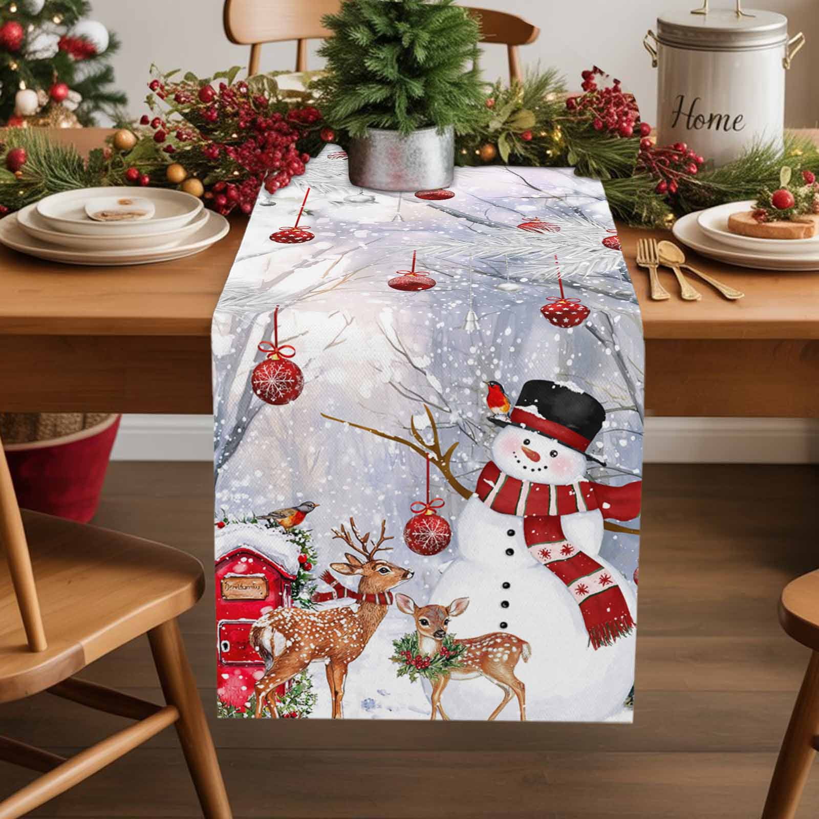 Burlap Table Runner 90 Inches Long,Christmas Snowman Elk Red Bell Non ...