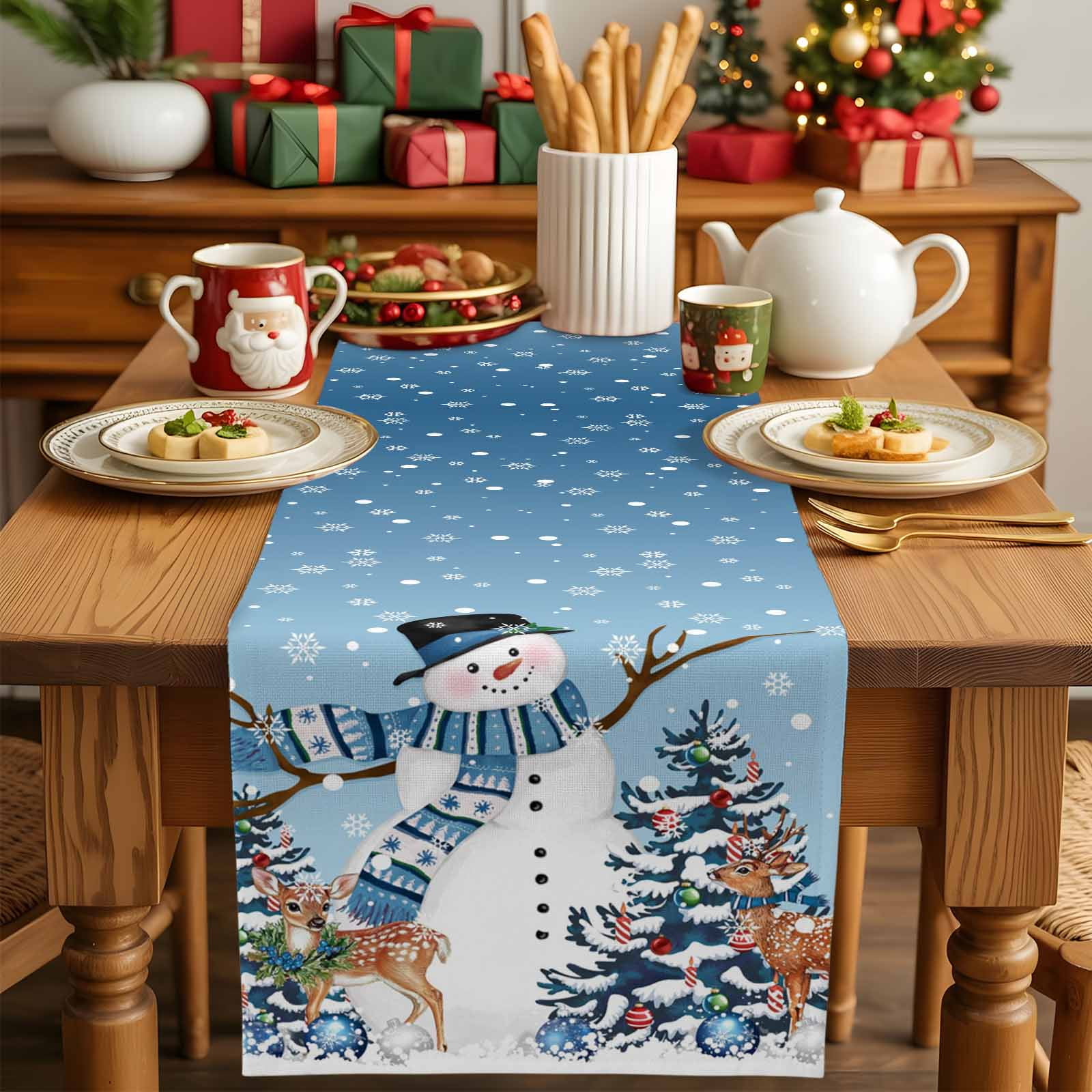 Burlap Table Runner 90 Inches Long,Christmas Tree Bell Snowman Non-Slip ...