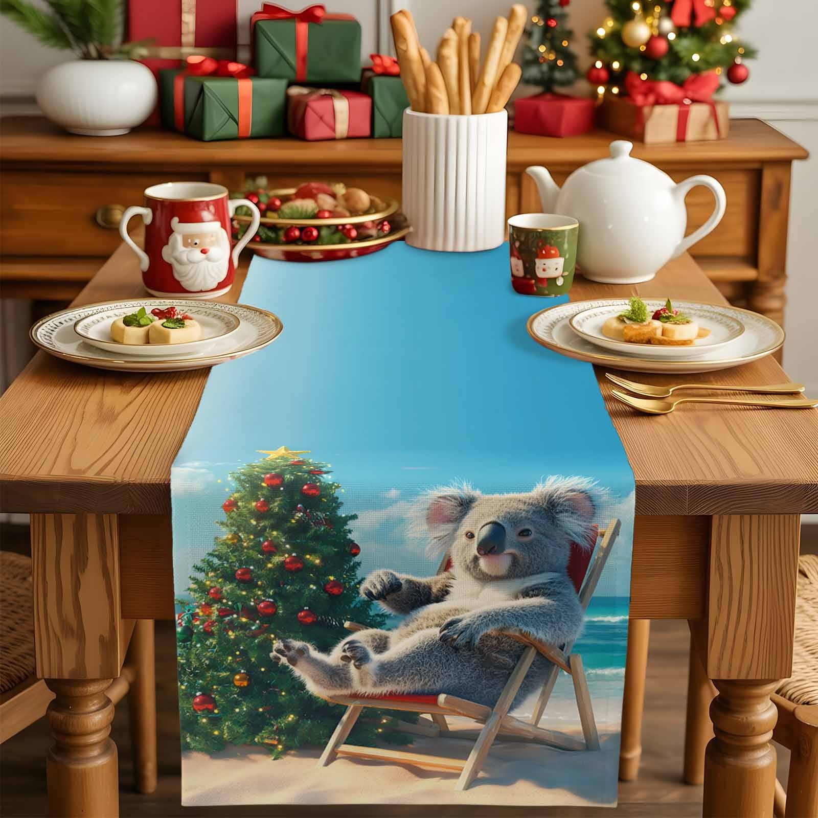 Burlap Table Runner 90 Inches Long,Christmas Tree Cute Koala on Beach ...