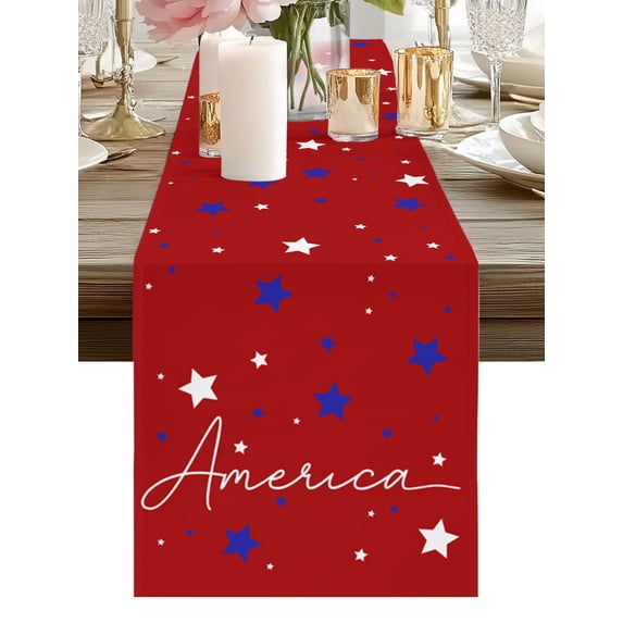 Burlap Table Runner 90 Inches Long, Christmas White Blue Stars on Red ...