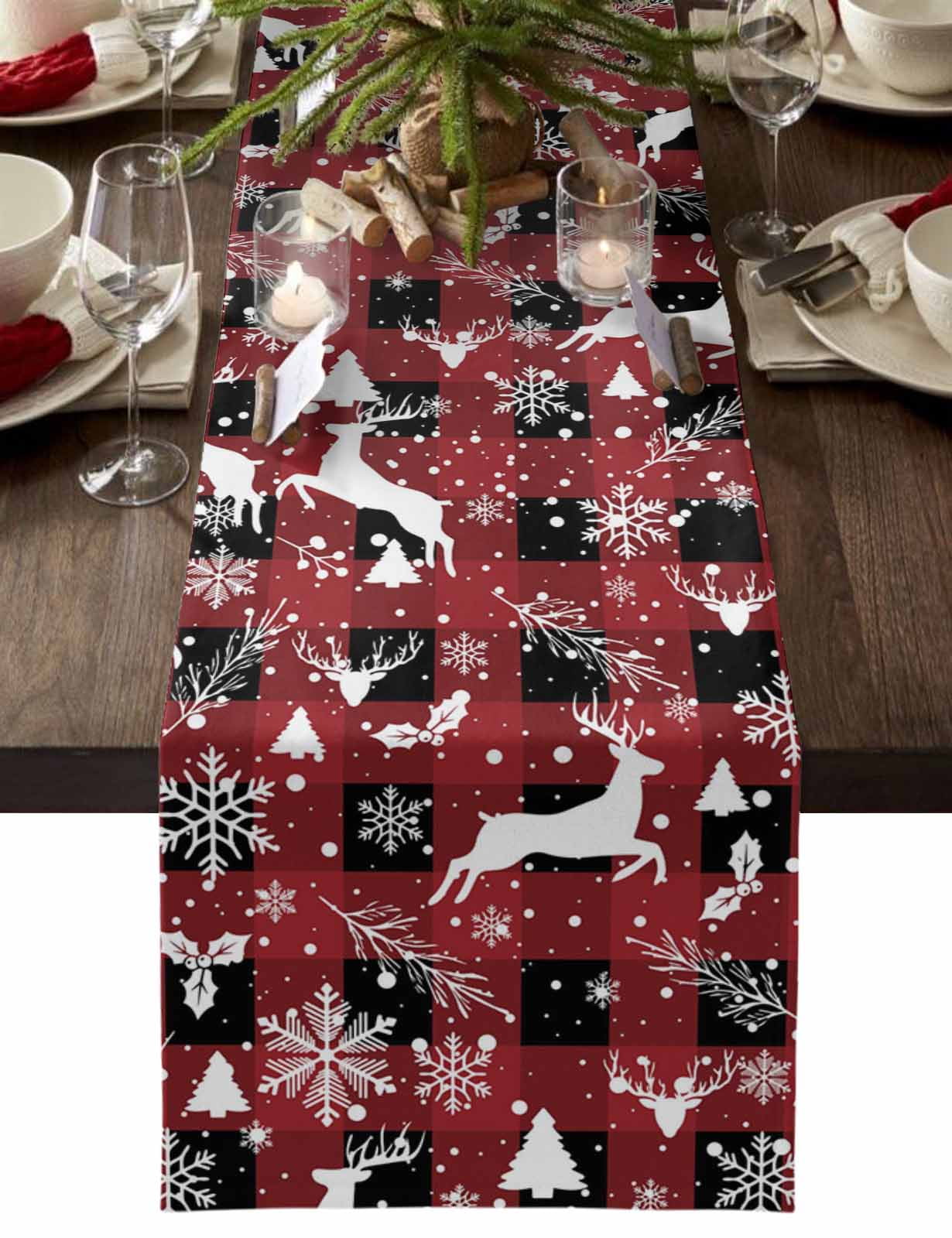 Burlap Table Runner 90 Inches Long,Christmas Winter Snowflakes Reindeer ...