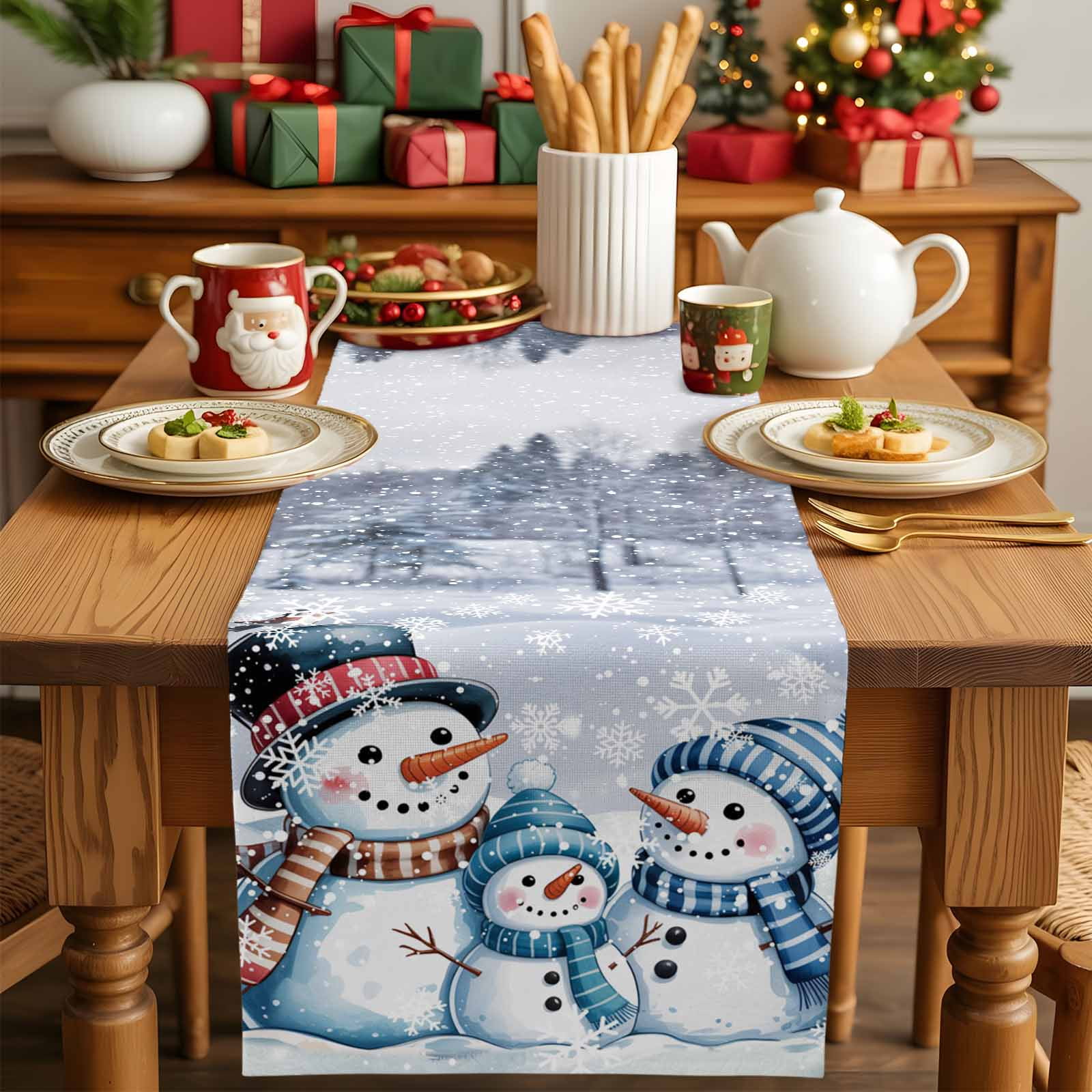 Burlap Table Runner 90 Inches Long,Christmas Winter Snowman Non-Slip ...