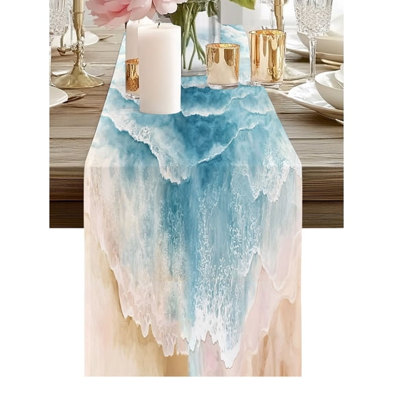 Burlap Table Runner 90 Inches Long, Coastal Ocean Waves Non-Slip ...
