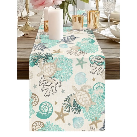 Burlap Table Runner 90 Inches Long, Coastal Turtle Starfish Shell Non ...
