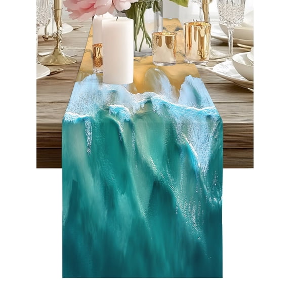 Burlap Table Runner 90 Inches Long, Coastal Watercolor Ocean Waves Non ...