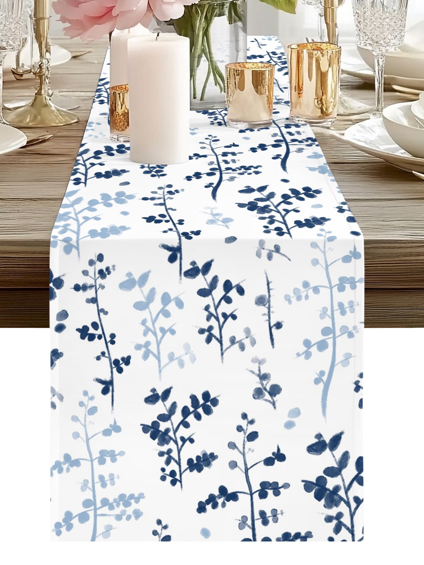 Burlap Table Runner 90 Inches Long, Country Leaves Herb Watercolor Non ...