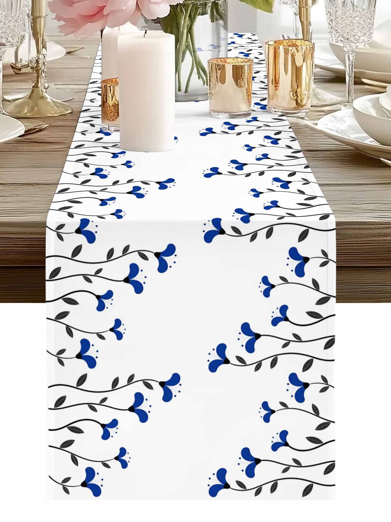 Burlap Table Runner 90 Inches Long, Country Navy Blue Flower Branch Non ...