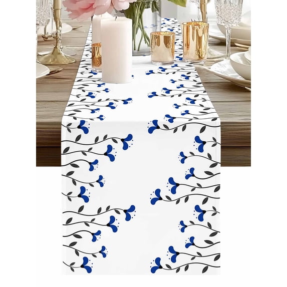 Burlap Table Runner 90 Inches Long, Country Navy Blue Flower Branch Non ...