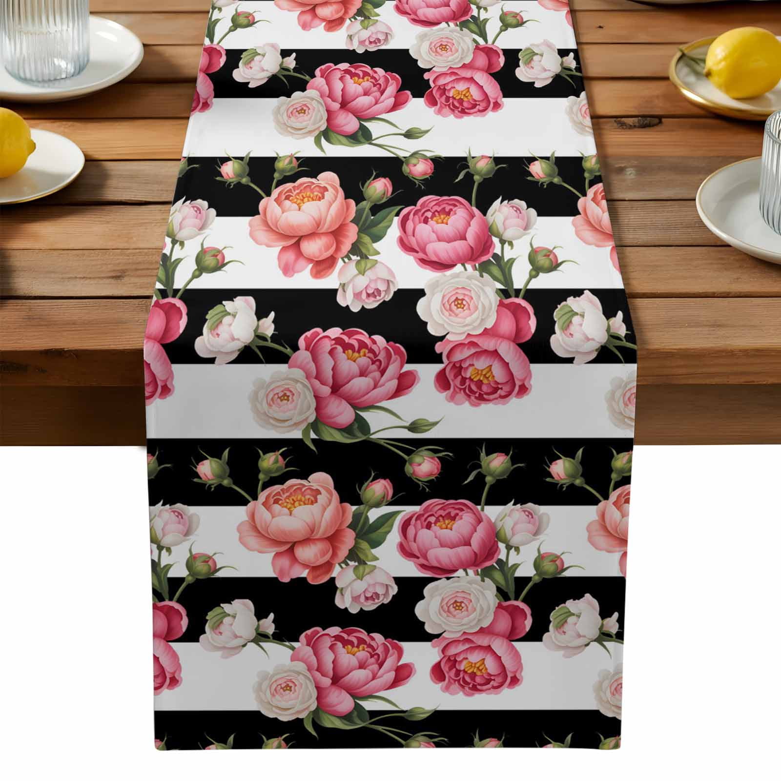 Burlap Table Runner 90 Inches Long,Country Pink Rose Flowers Non-Slip ...