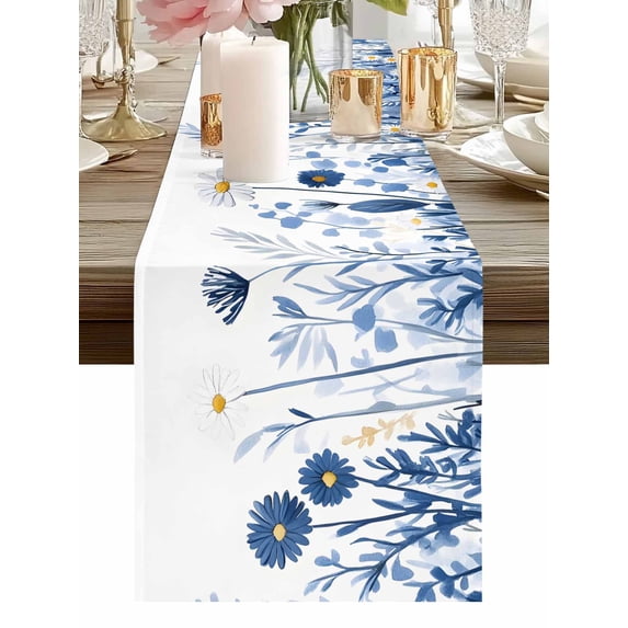 Burlap Table Runner 90 Inches Long, Country White Blue Flower Leaf Non ...