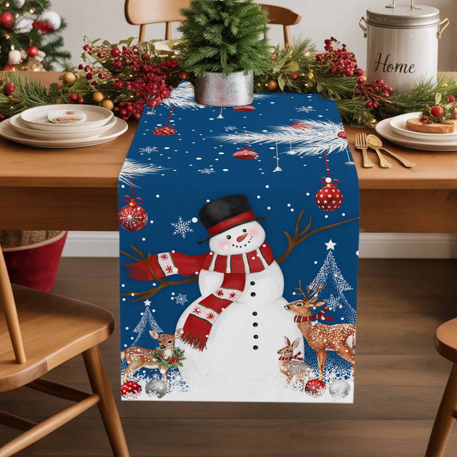 Burlap Table Runner 90 Inches Long,Cute Snowman Christmas Elk Dark Blue ...