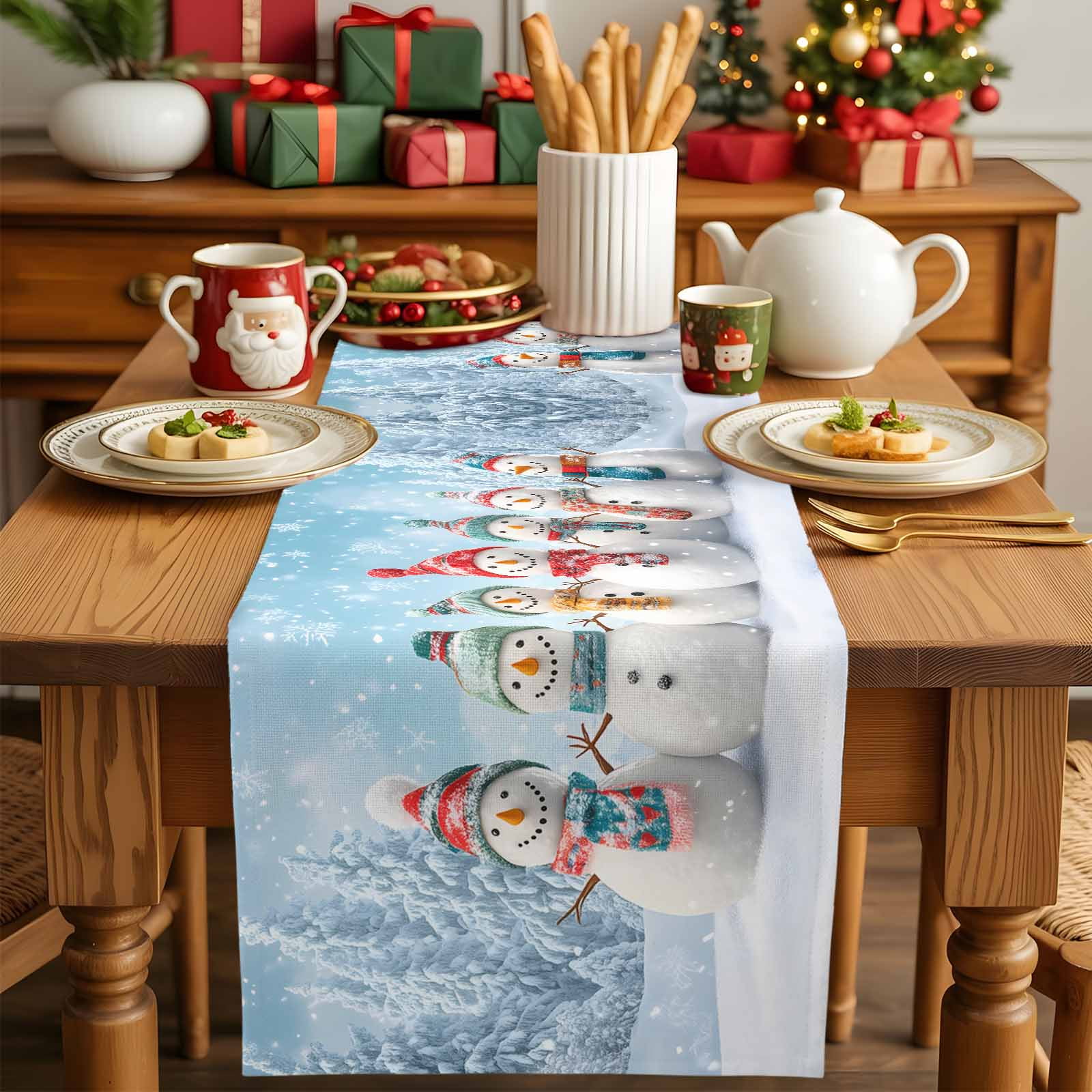 Burlap Table Runner 90 Inches Long,Cute Snowman Christmas Snowflaks ...