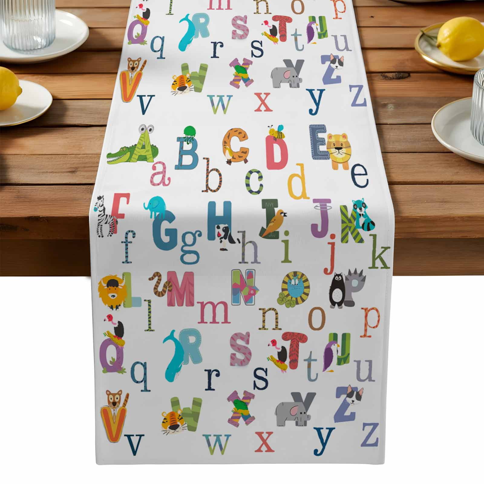 Burlap Table Runner 90 Inches Long,English Alphabet Cartoon Animal Non ...