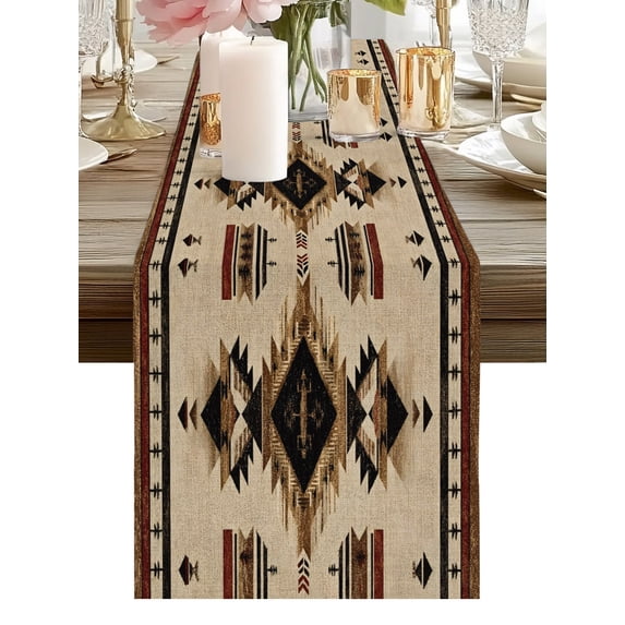 Burlap Table Runner 90 Inches Long, Ethnic Style Brown Block Geometric ...