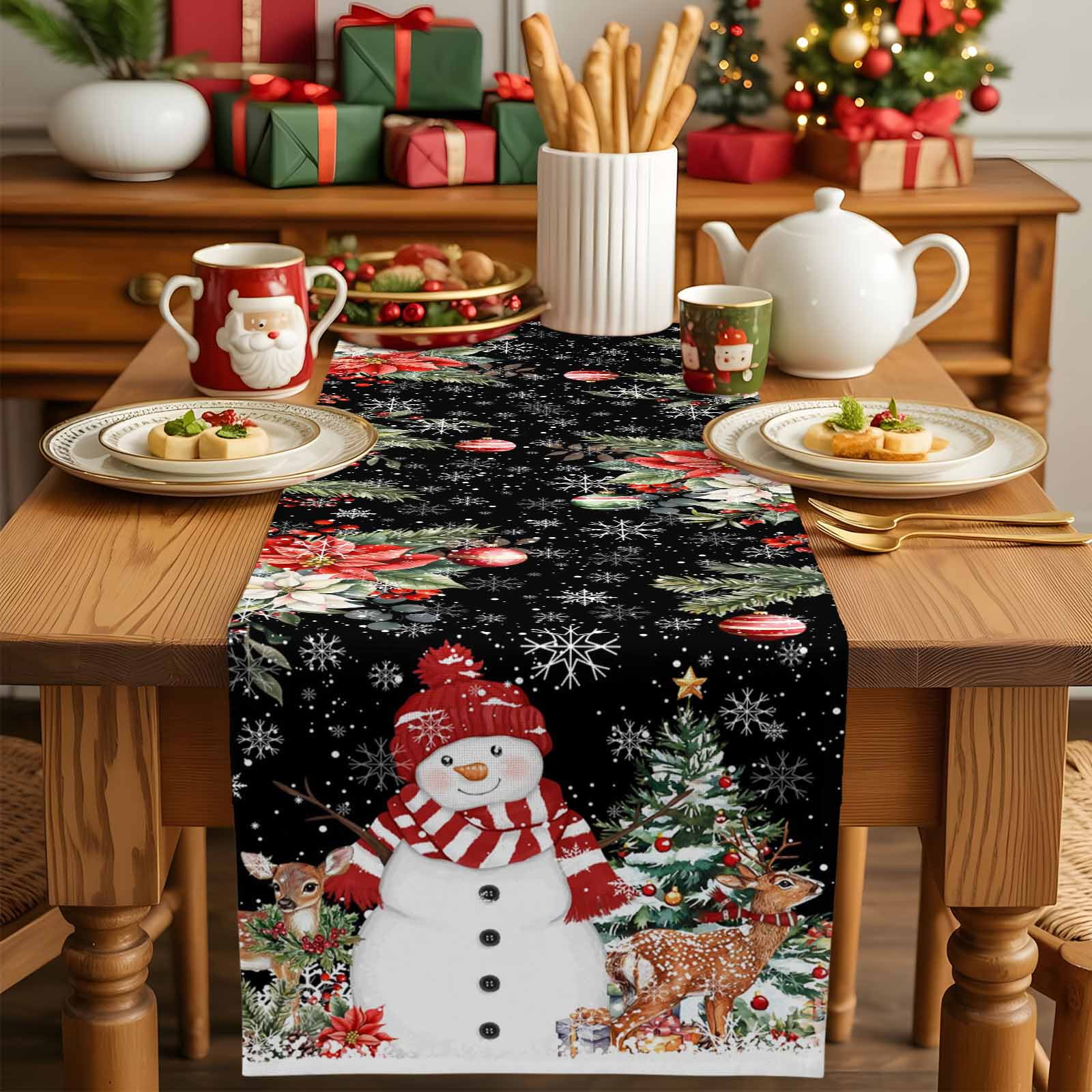 Burlap Table Runner 90 Inches Long,Eucalyptus Leaves on Black Non-Slip ...