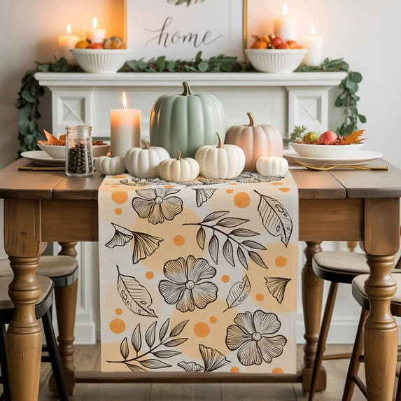 Burlap Table Runner 90 Inches Long,Fall Daisy Flower Leaf Sketch Plant ...