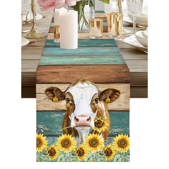 Burlap Table Runner 90 Inches Long, Farm Cow Country Sunflower Plant ...