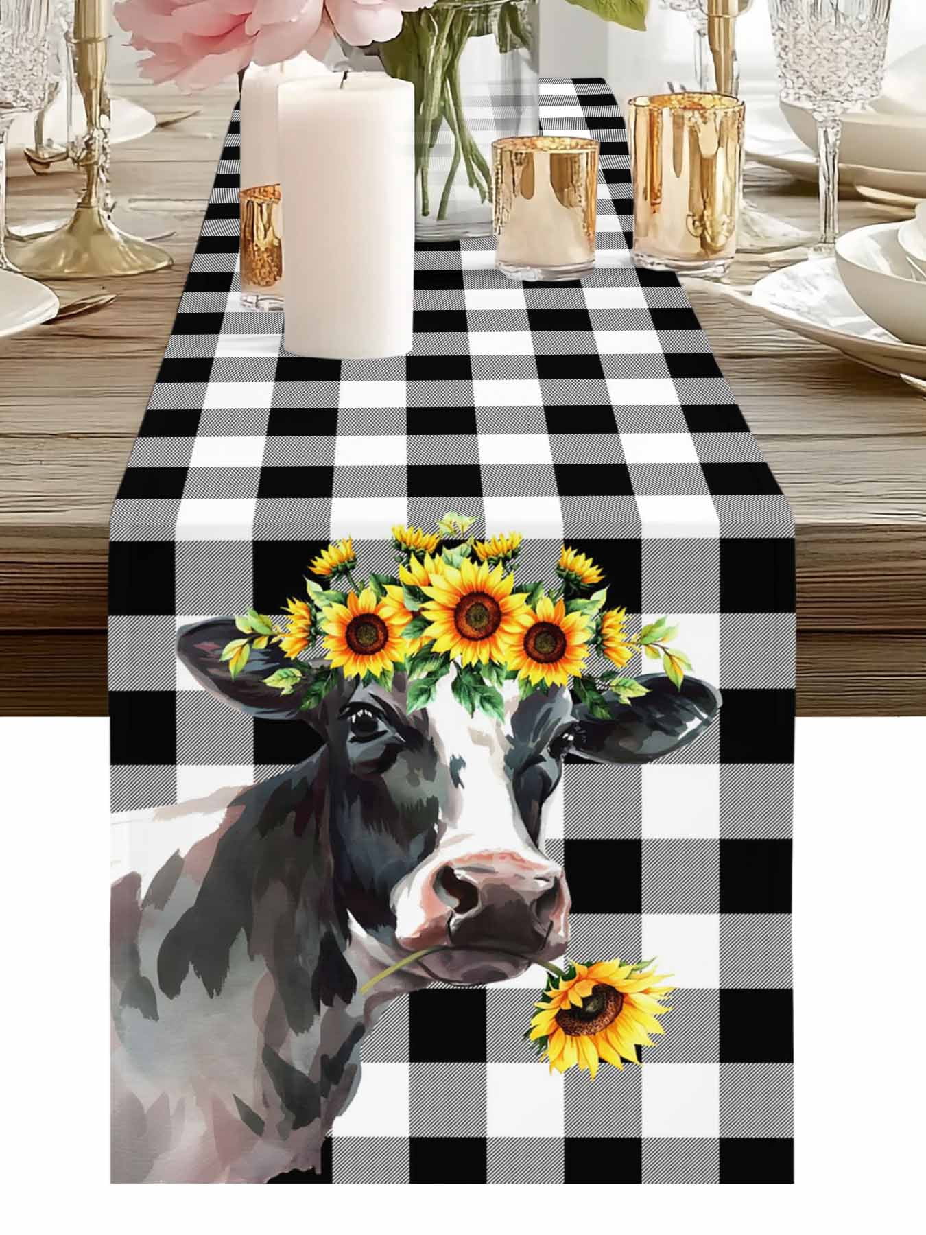 Burlap Table Runner 90 Inches Long, Farm Cow with Sunflower Non-Slip ...