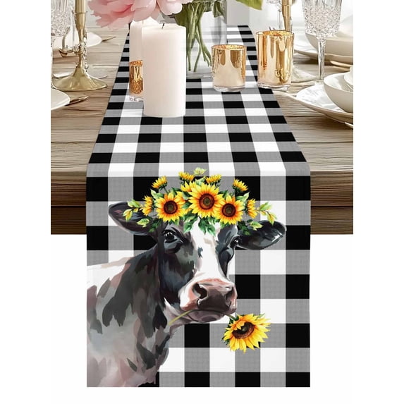 Burlap Table Runner 90 Inches Long, Farm Cow with Sunflower Non-Slip ...
